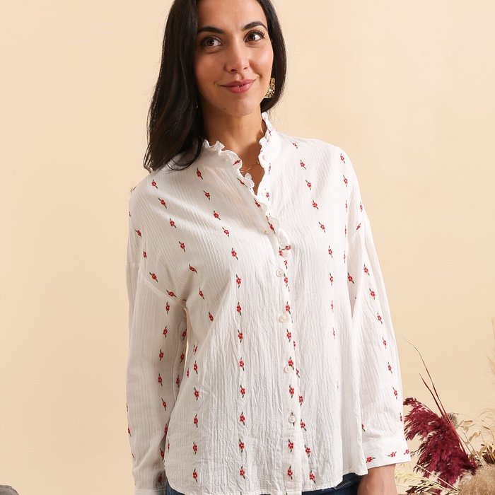 Bomuldsskjorte - Røde broderi blomster - FOUND BY MAMELUKKEN - Mamelukken